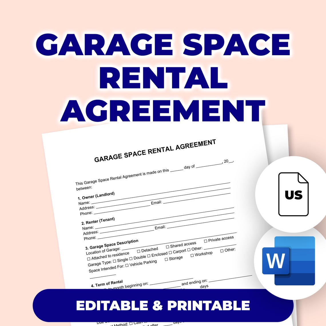 Garage Space Rental Agreement | Printable File for Microsoft Word - Etsy