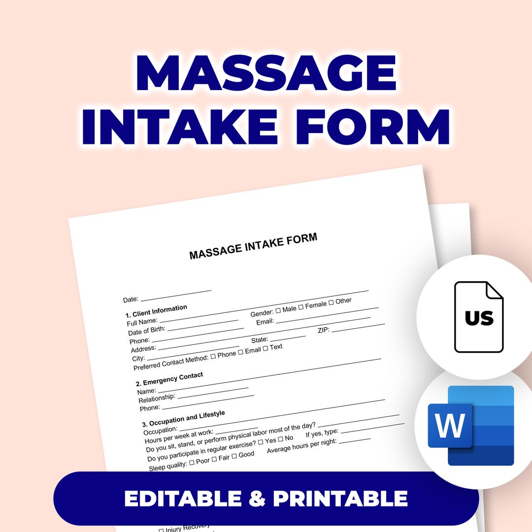Massage Intake Form | Printable Template for Microsoft Word - Etsy