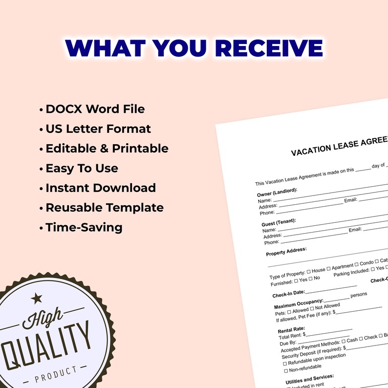 Vacation Lease Agreement | Printable File for Microsoft Word - Etsy