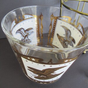 Vintage Glass Ice Bucket in Gold Holder and Gold Tongs, Bald Eagle ...