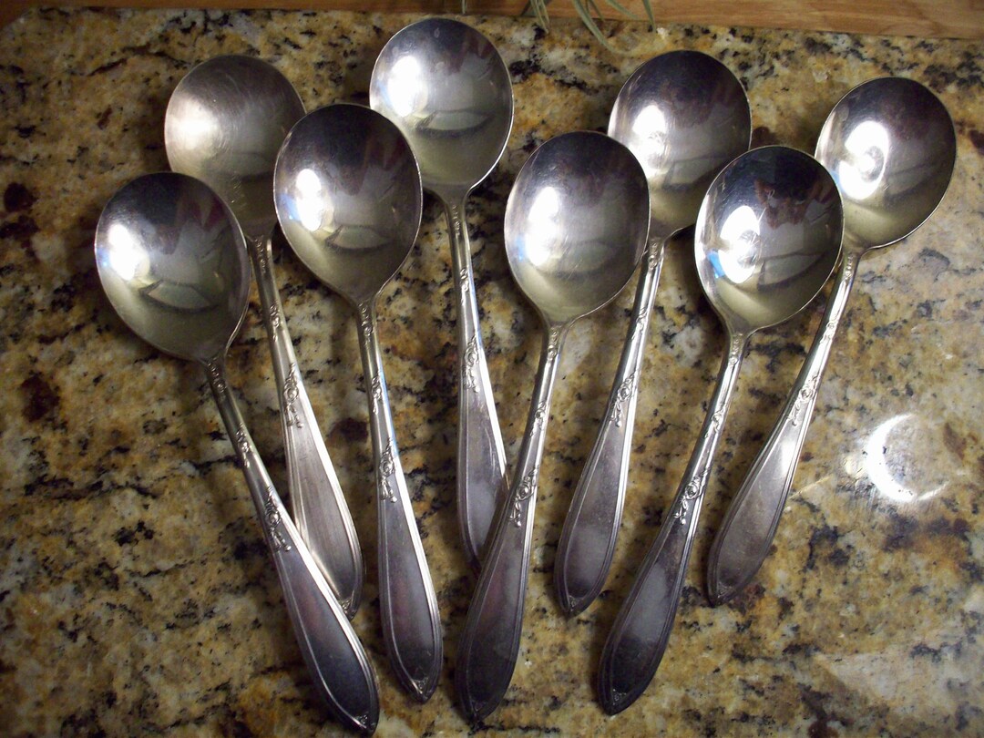 Vintage Dainty Rose Motif Soup Spoons, Set of Eight, New England Silver ...