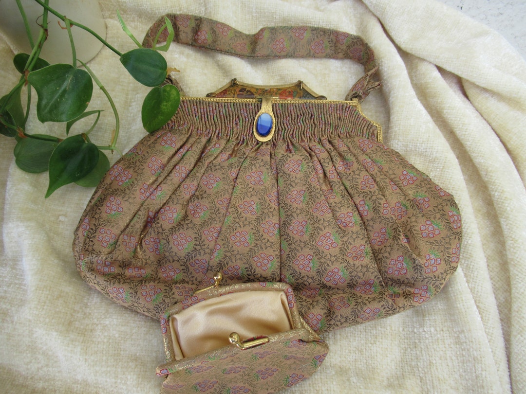 Vintage Art Deco Purse/bag, Oriental Scene on Front /floral Motif on ...