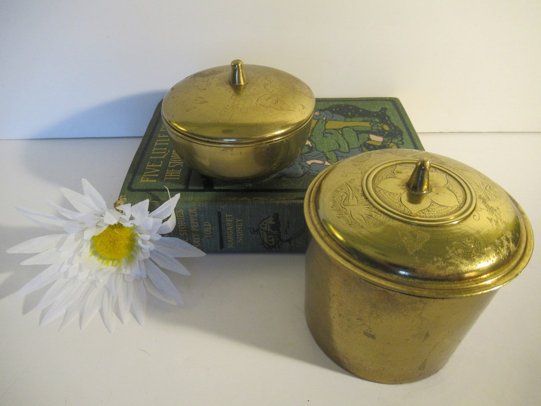 Vintage Brass Lidded Jars, Set of Two, Beautiful Design on Lids - Etsy