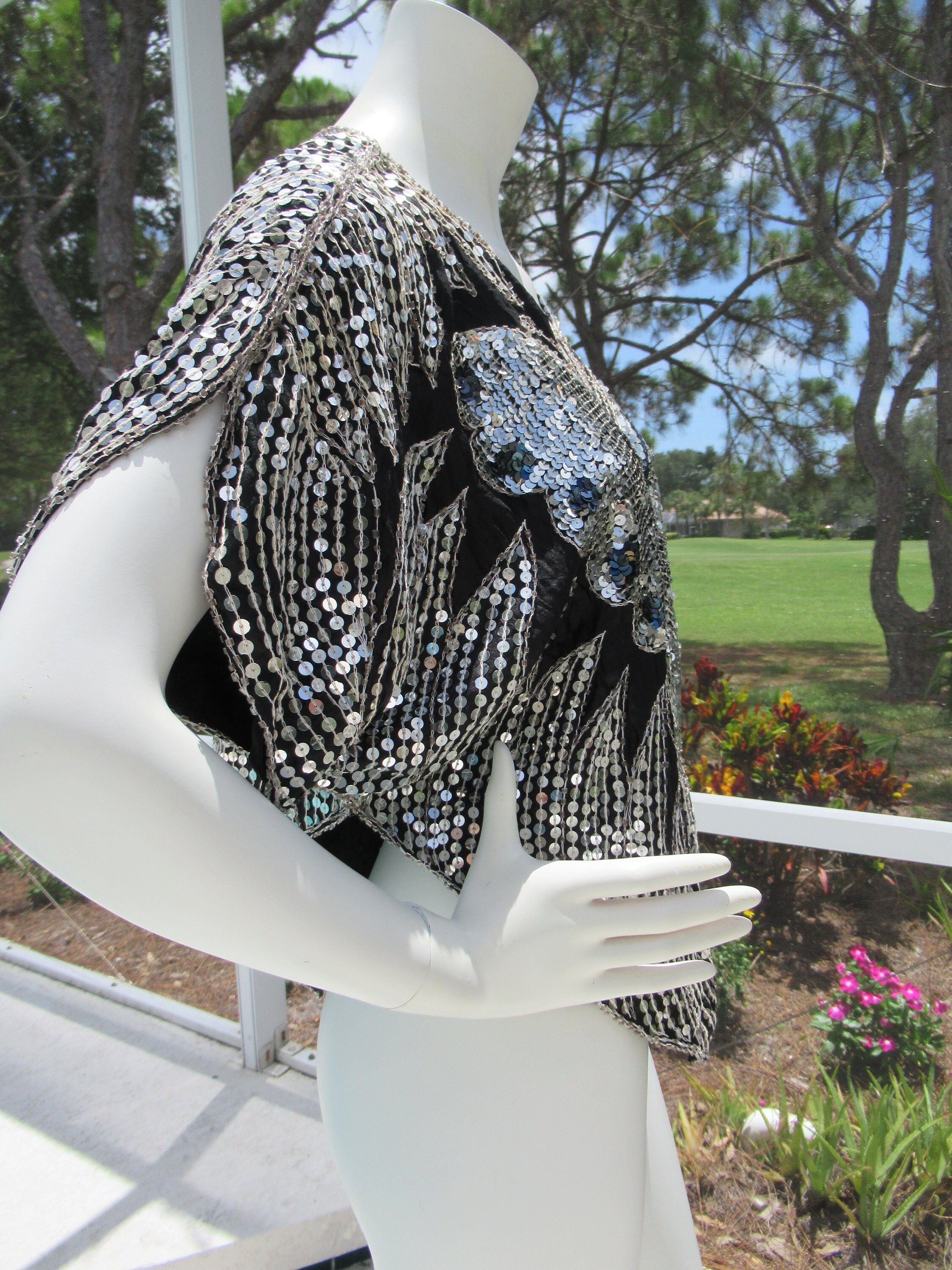 Vintage Silver and Black Sequin & Silver Beaded Butterfly Silk Dress ...