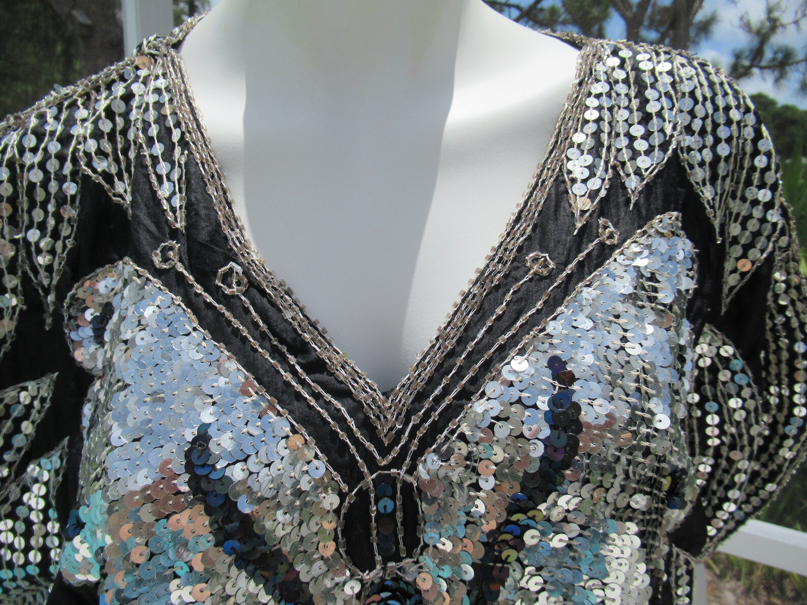 Vintage Silver and Black Sequin & Silver Beaded Butterfly Silk Dress ...
