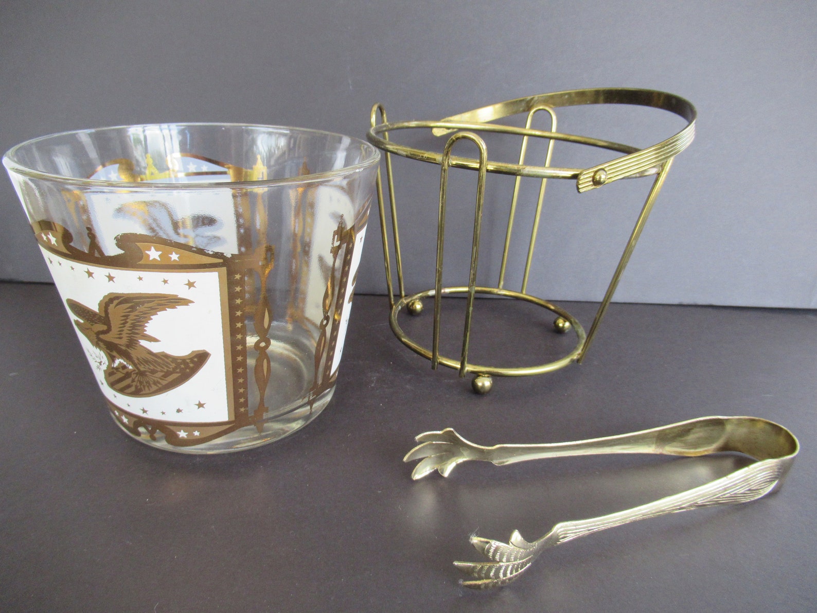 Vintage Glass Ice Bucket in Gold Holder and Gold Tongs, Bald Eagle ...