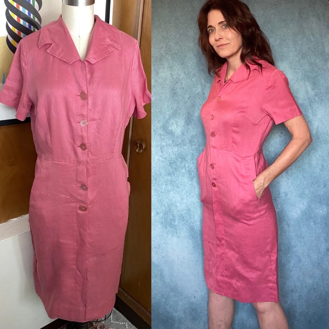 VTG 50s Golfer Pinup Wiggle Dress Sz 8 10 Bubblegum Pink Irish Linen M ...