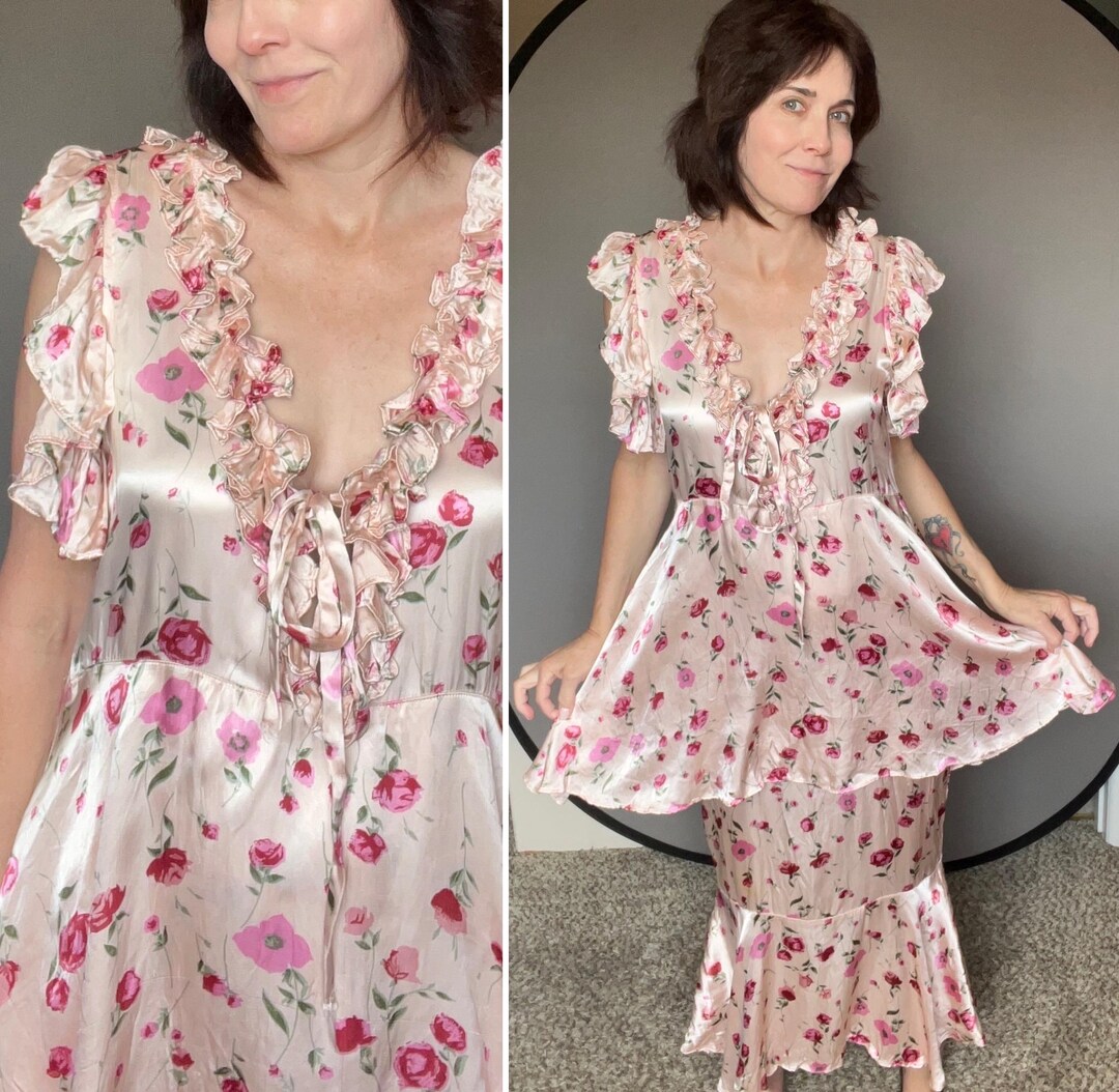 Vtg Marrika Nakk Floral Dress Ruffle Peplum Sz M Rayon Sateen Fishtail ...