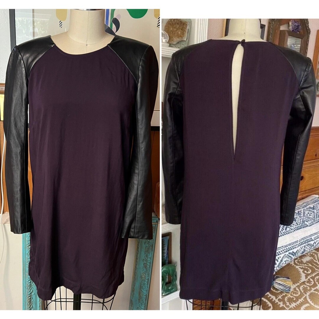 Nwt Michelle MASON Black Leather Sleeves Dress Tunic Sz 2 Maroon ...