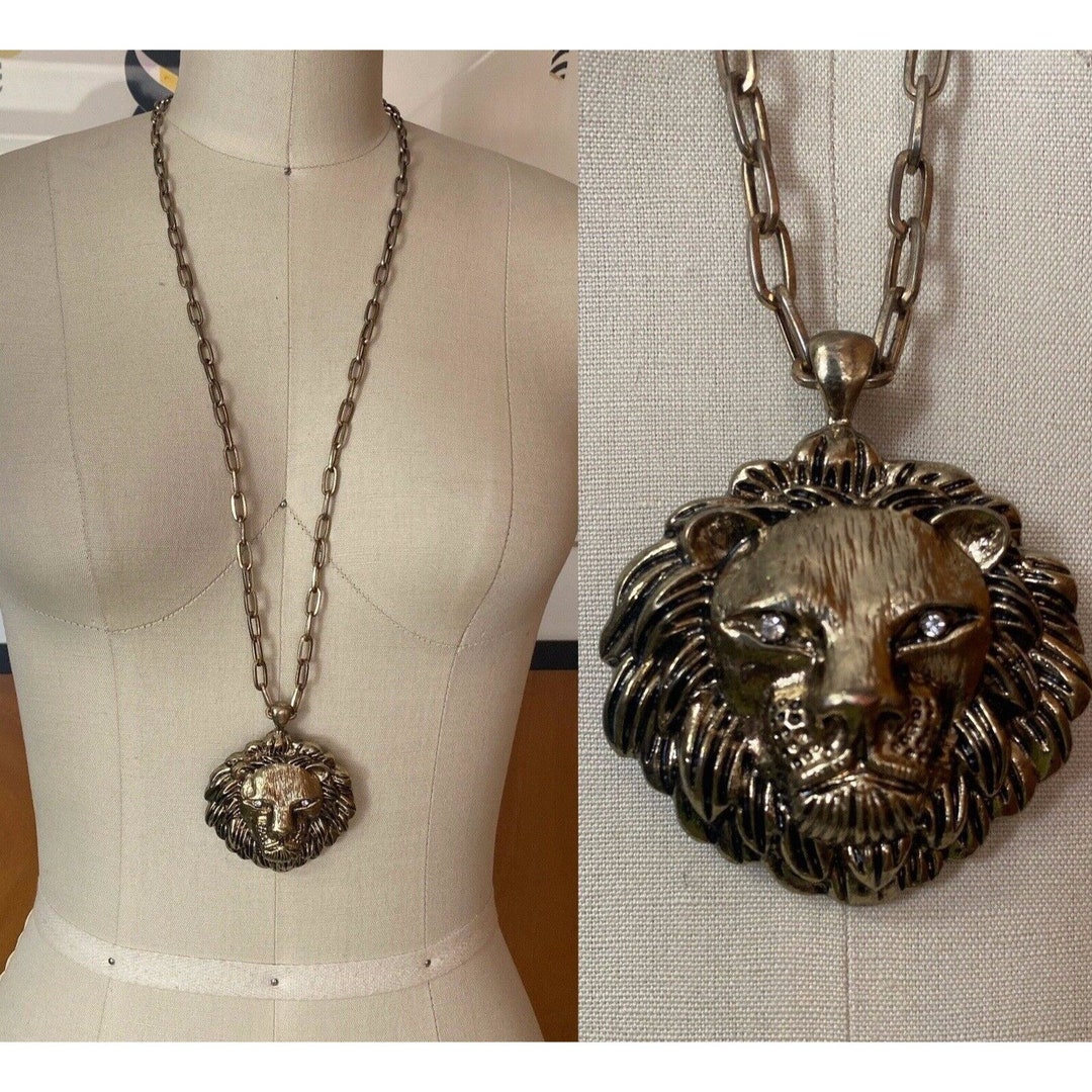 Vtg Lion Head Gold Metal Medallion Enamel Rhinestones Pendant Chain ...