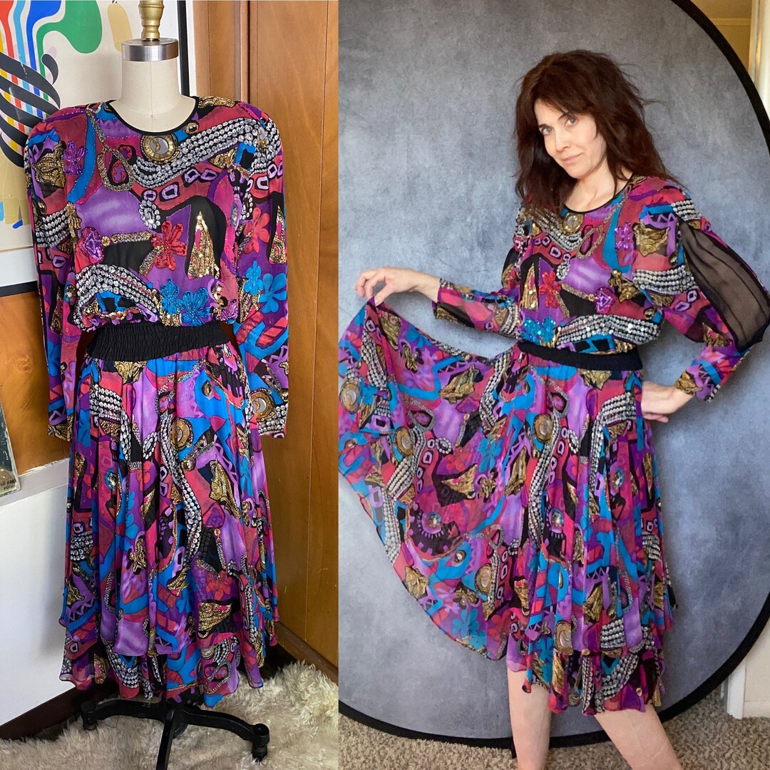 Diane Freis Sequins Beaded Silk Dress Sz S M VTG Clocks Multi-color ...
