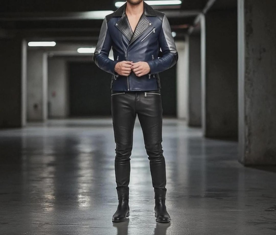 Men’s Blue Moto Jacket & Black Leather Pants Set – Handmade Biker ...