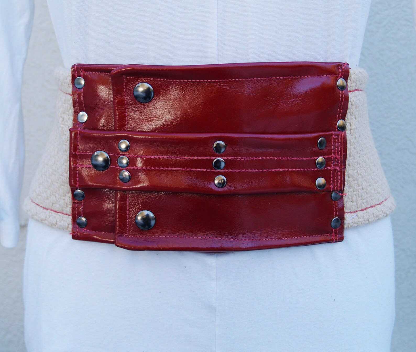 Natural Woven Fabric Belt With Red Leather Trim - Etsy