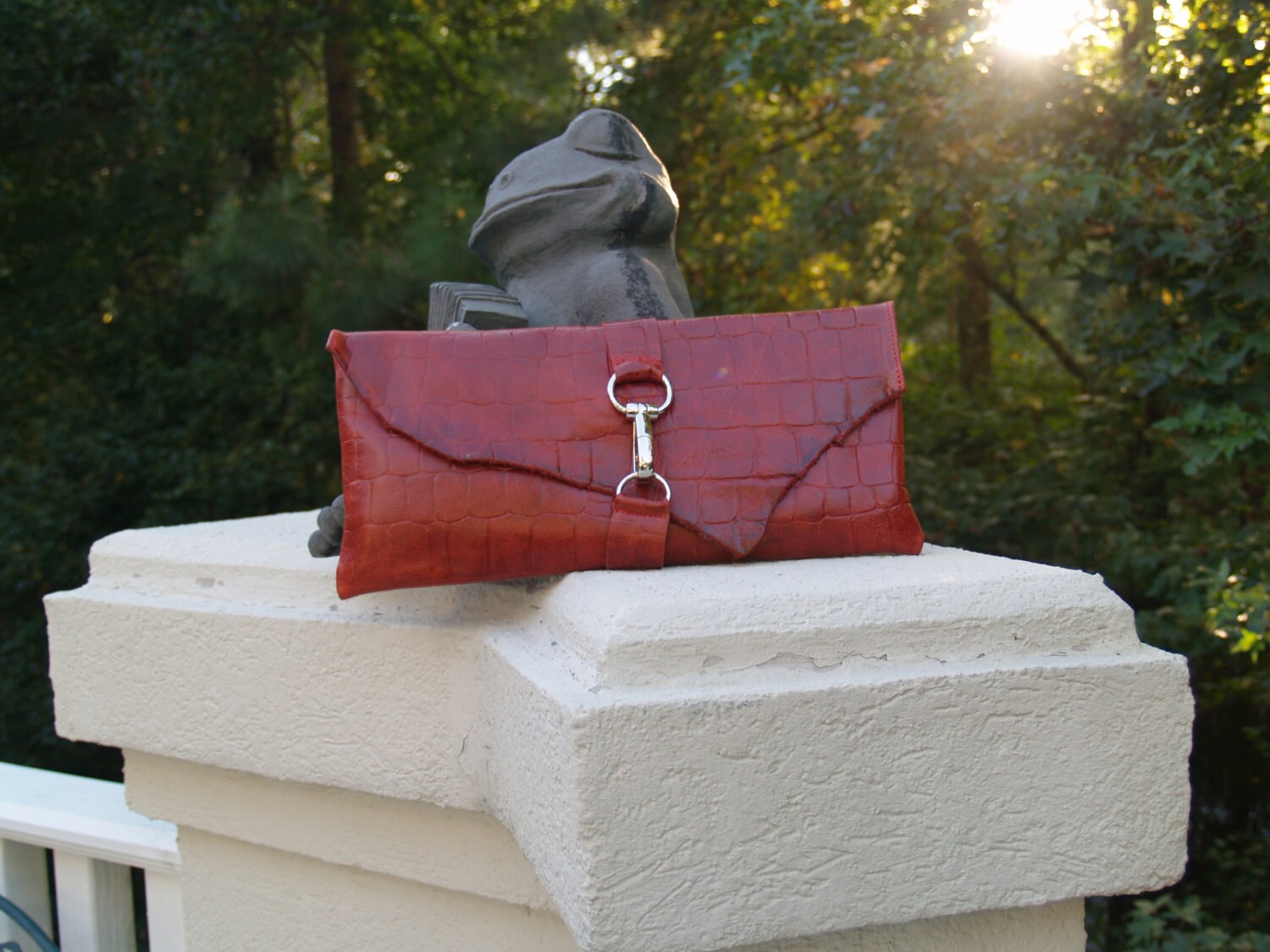Red Croc Leather Envelope Handbag With Polished Metal Accent Closure - Etsy
