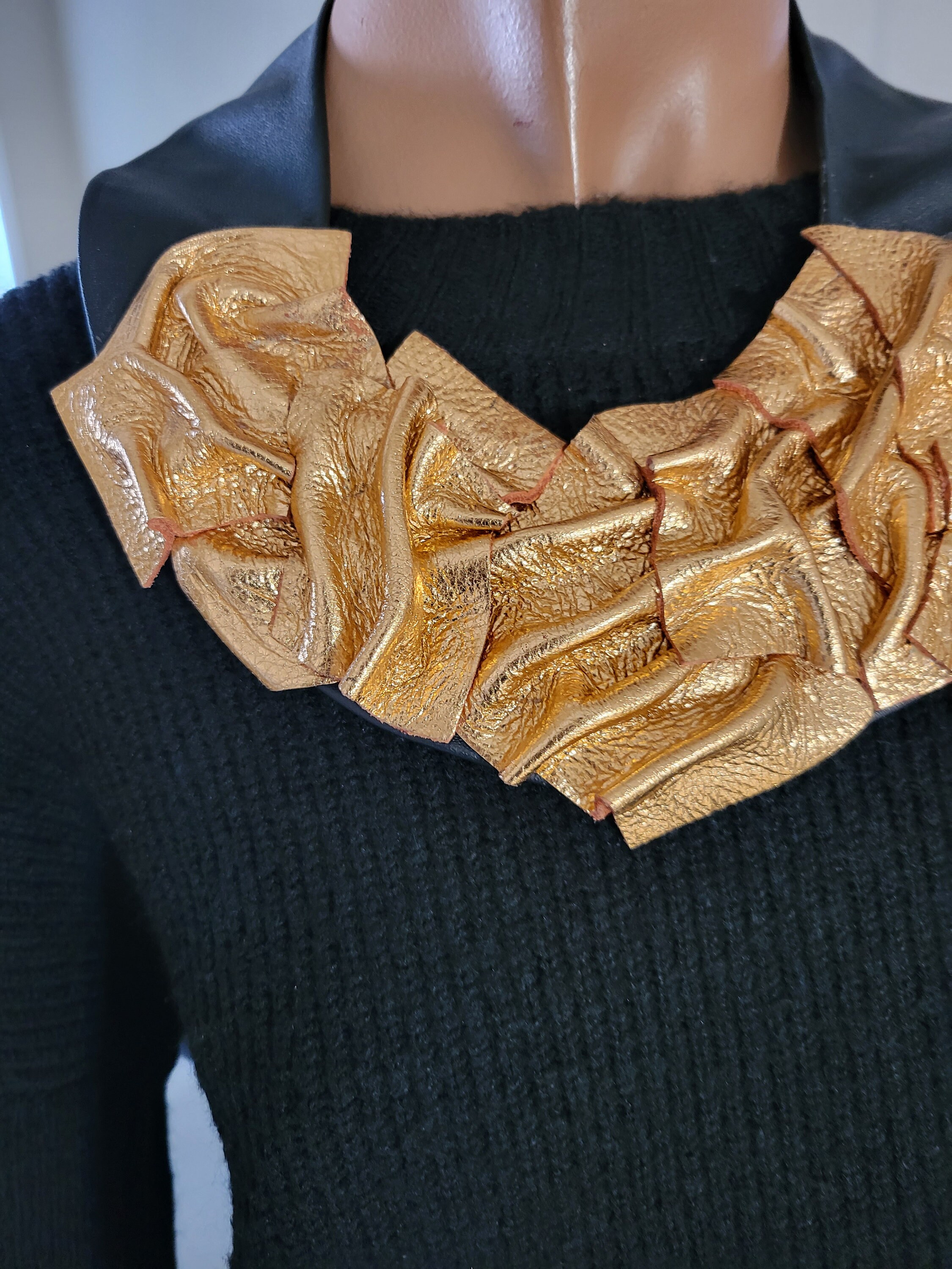 Metallic Copper and Black Leather Bib Necklace 1 - Etsy