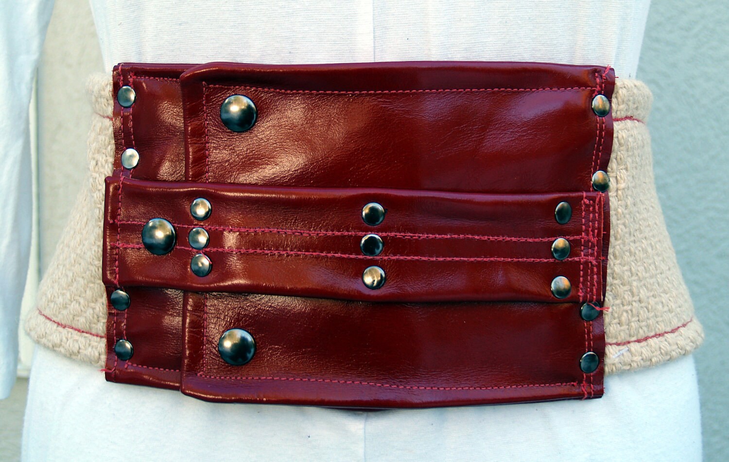 Natural Woven Fabric Belt With Red Leather Trim - Etsy