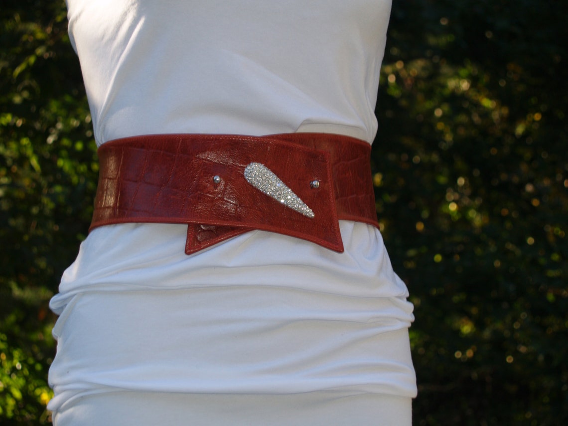 Deep Dark Red Leather "croc" Belt With Rhinestone Accent and Button ...