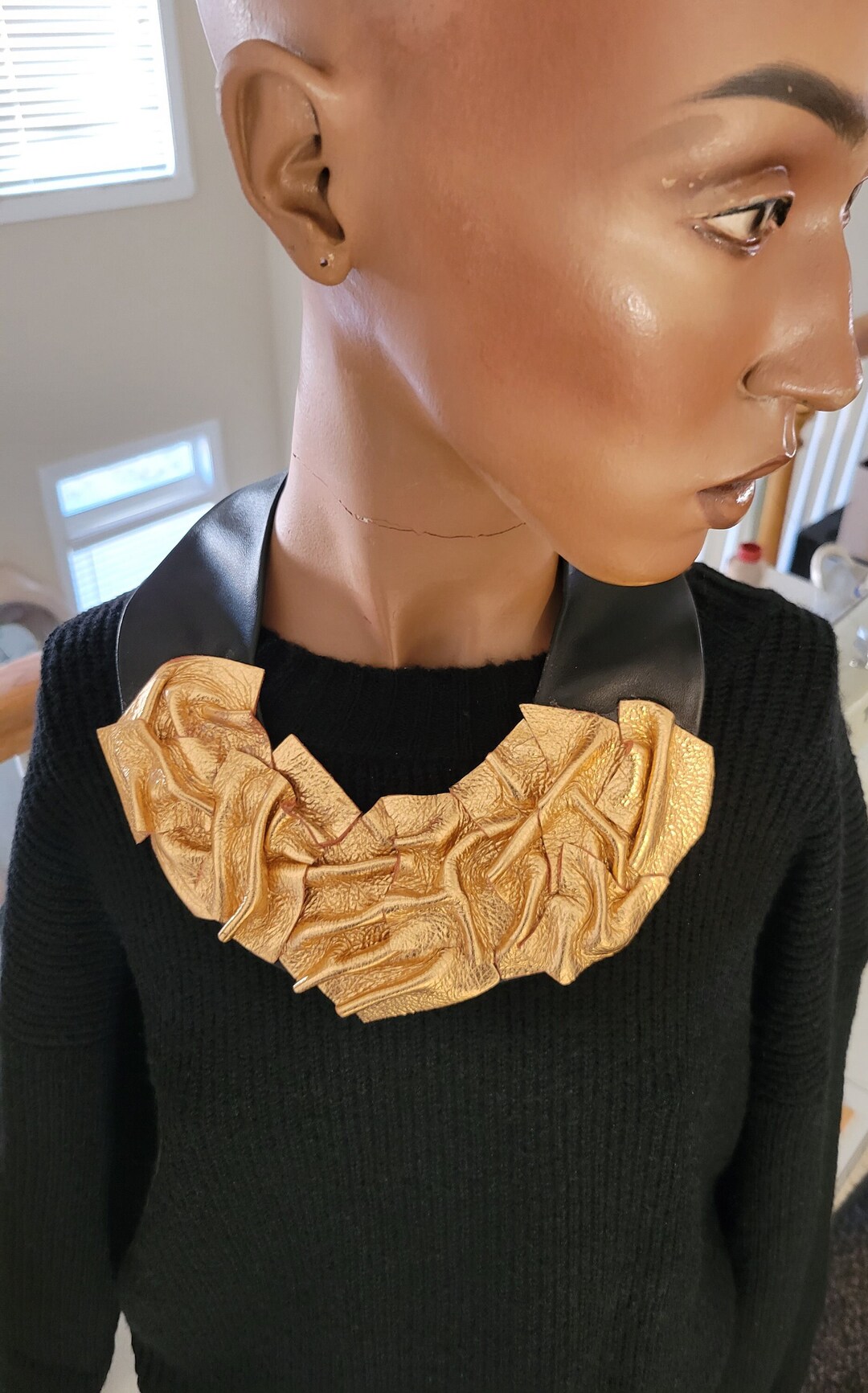 Metallic Copper and Black Leather Bib Necklace 1 - Etsy