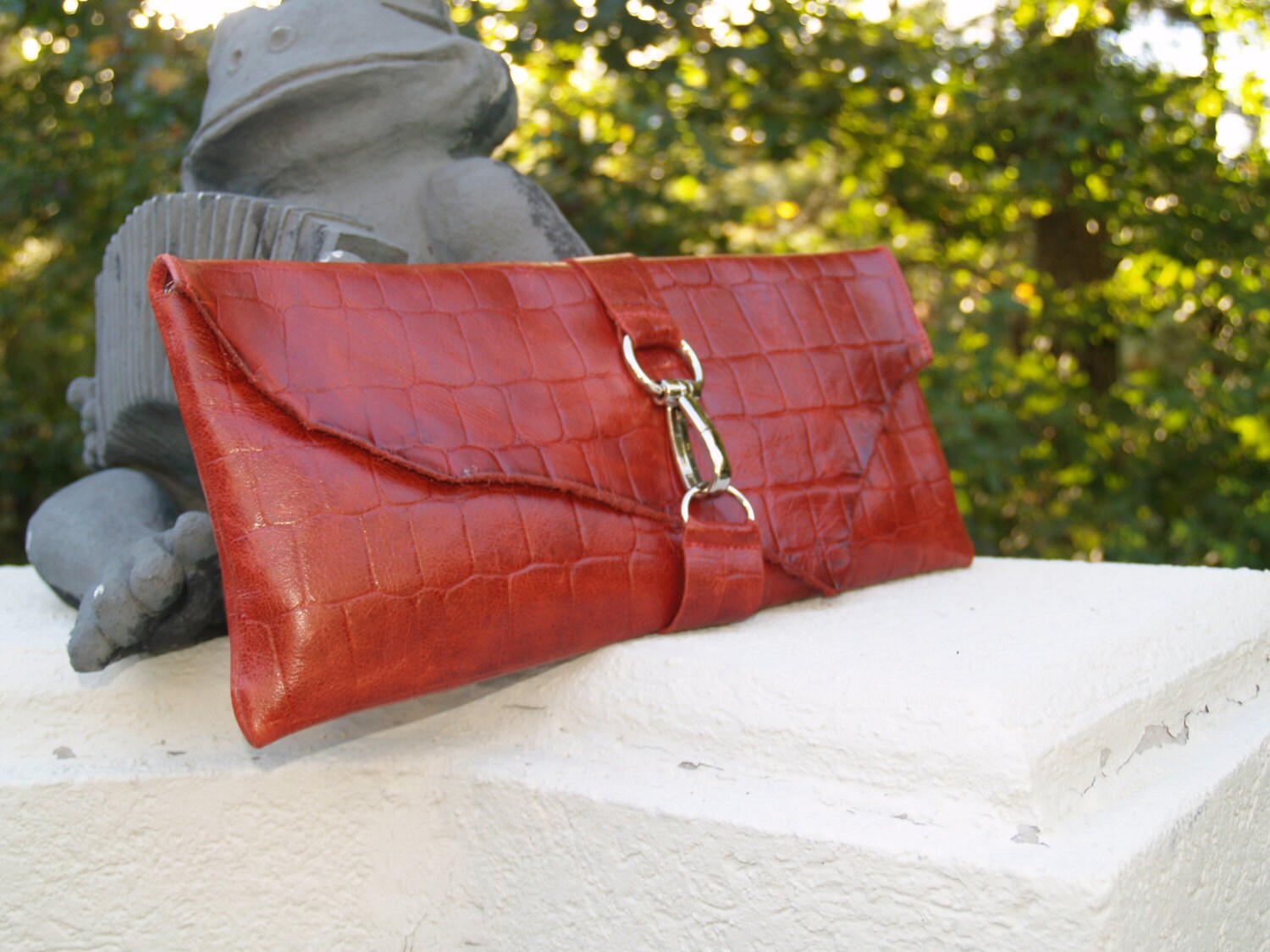 Red Croc Leather Envelope Handbag With Polished Metal Accent Closure - Etsy