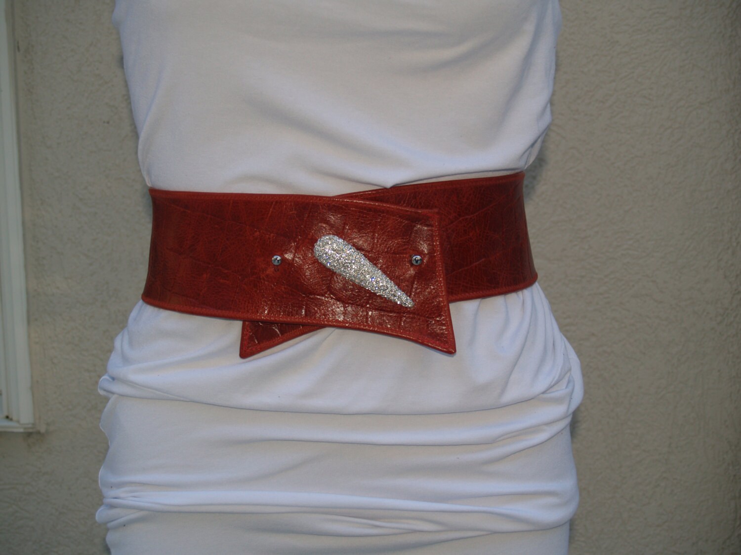 Deep Dark Red Leather "croc" Belt With Rhinestone Accent and Button ...