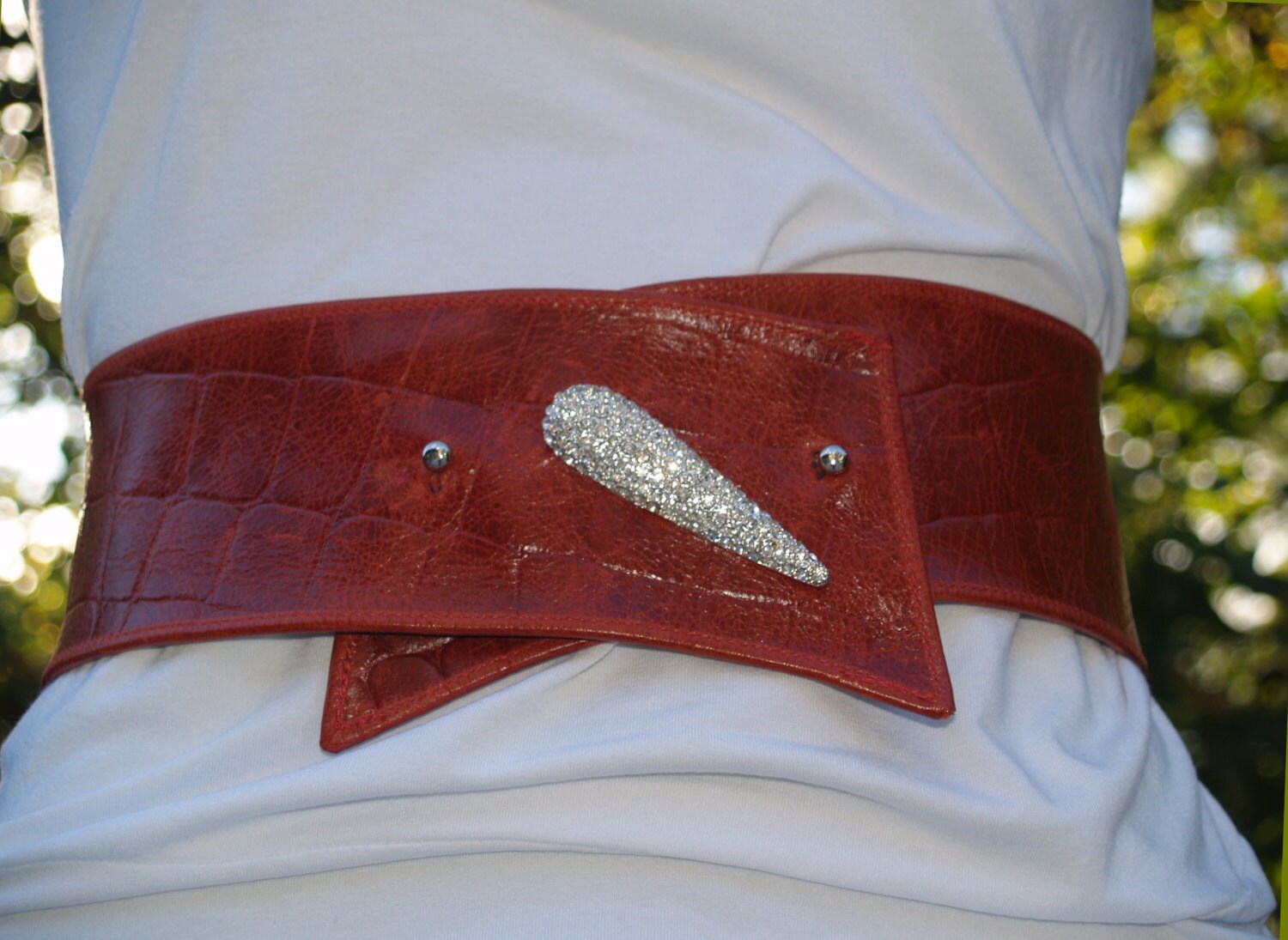 Deep Dark Red Leather "croc" Belt With Rhinestone Accent and Button ...