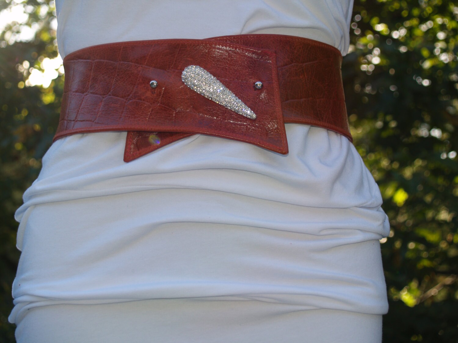 Deep Dark Red Leather "croc" Belt With Rhinestone Accent and Button ...