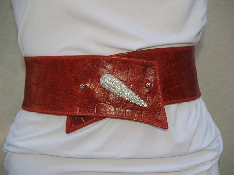 Deep Dark Red Leather "croc" Belt With Rhinestone Accent and Button ...