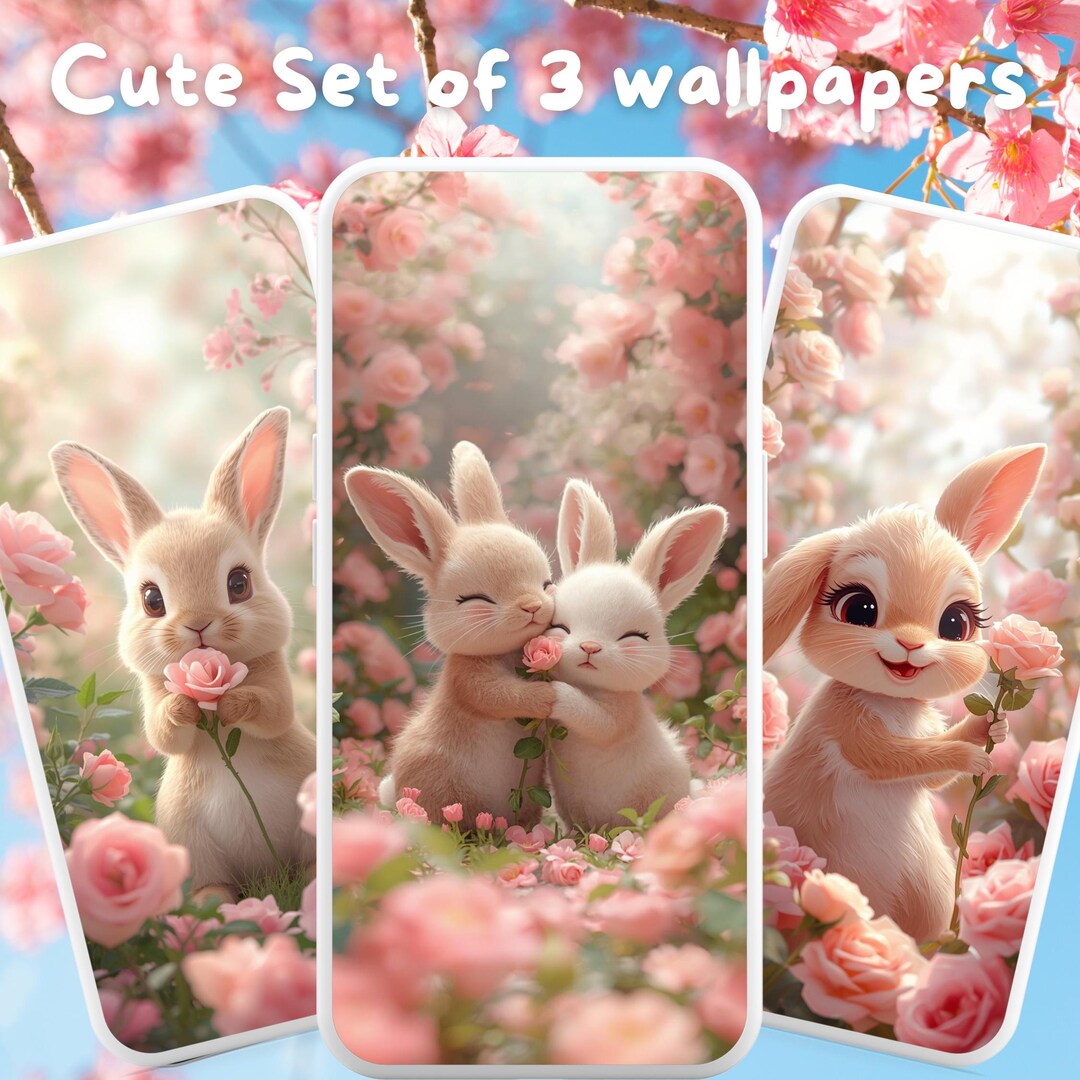 Cute Bunny Phone Wallpaper Set of 3 | Kawaii Rabbit Aesthetic Phone ...