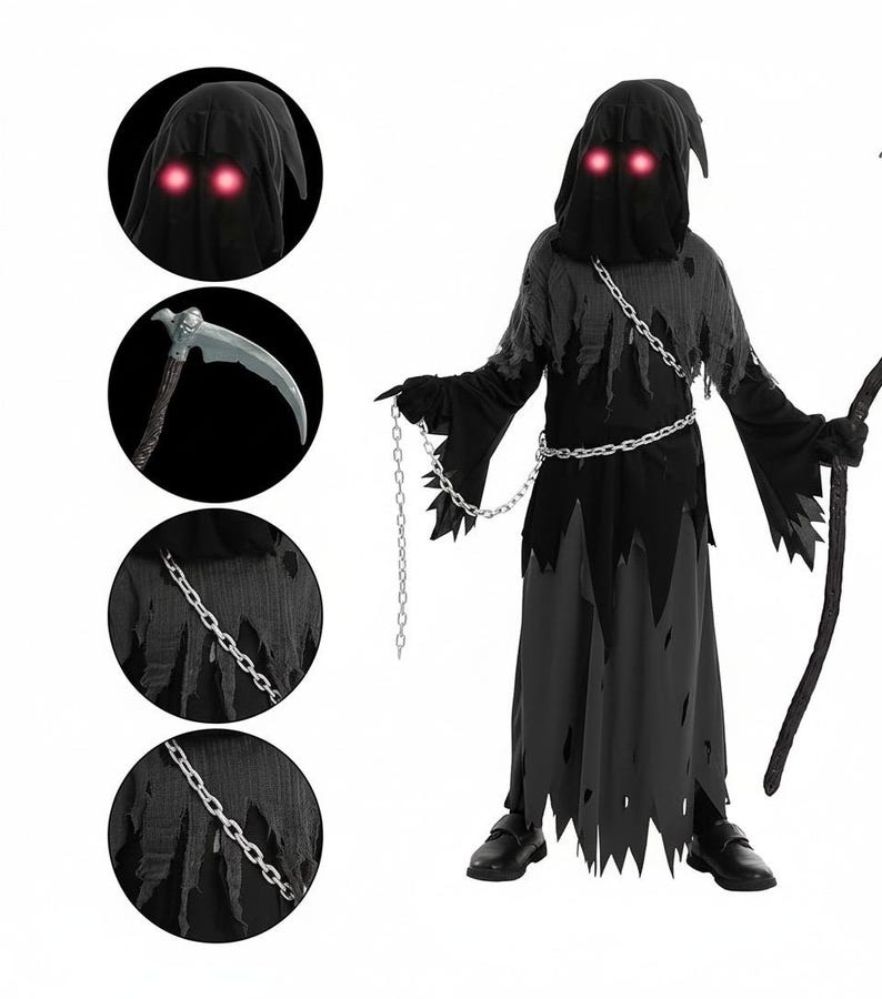 Kids Grim Reaper Costume – Glowing Eyes, Scythe, Halloween Outfit - Etsy