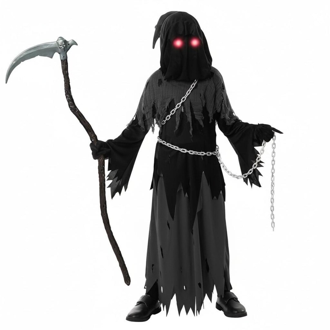 Kids Grim Reaper Costume With Glowing Eyes & Scythe – Scary Halloween ...