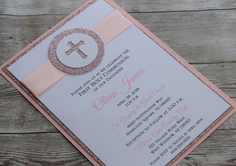 Pink Baptism-Communion Invitation with Circular Glitter Cross | Etsy