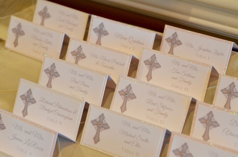 White and Silver Vintage Cross Baptism-Communion Place Cards | Etsy