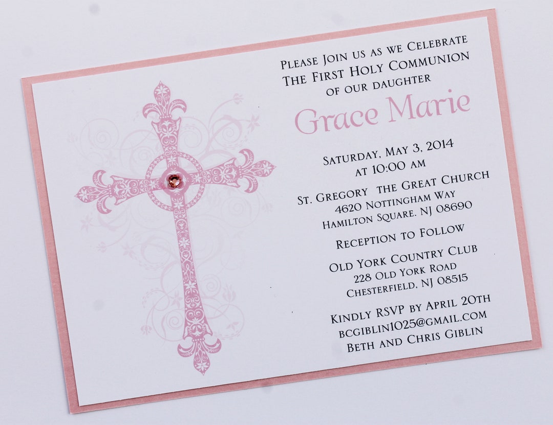 Pink Decorative Cross Baptism or Communion Invitation; Decorative Cross ...