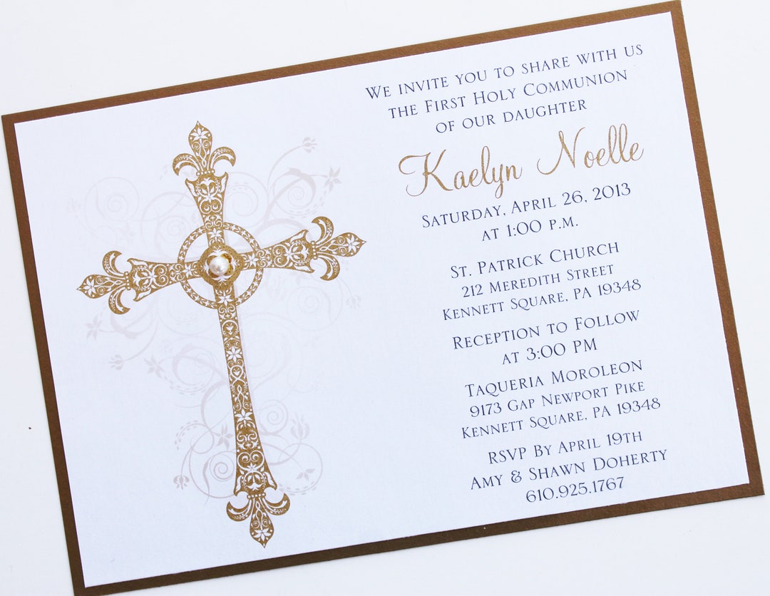Gold Decorative Cross Baptism or Communion Invitation; Decorative Cross ...