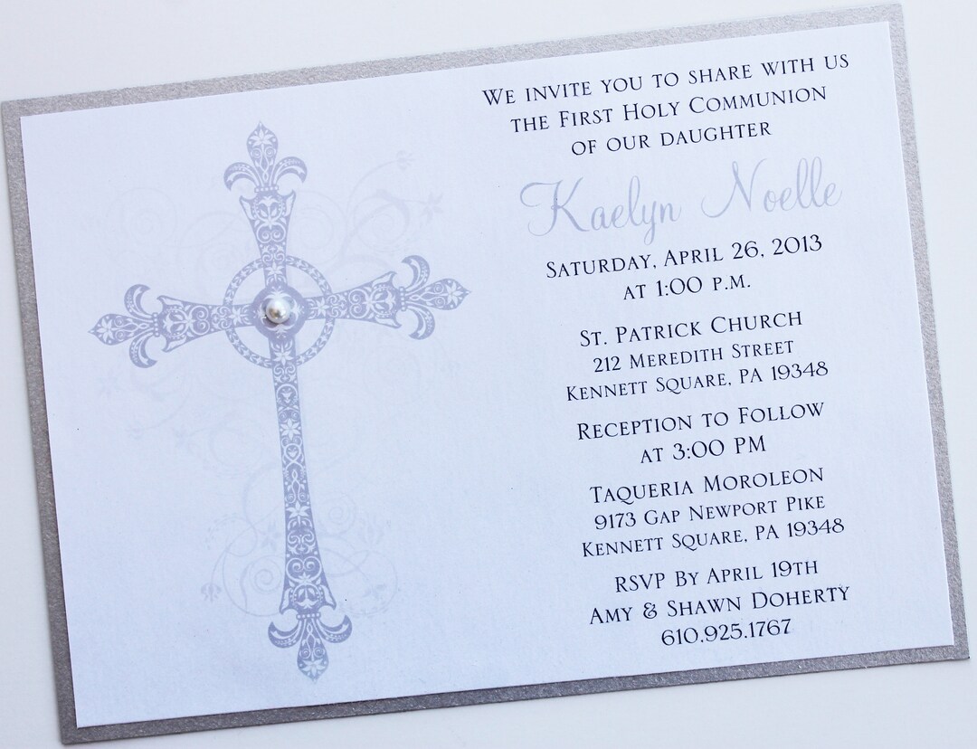 Silver Decorative Cross Baptism or Communion Invitation; Decorative ...