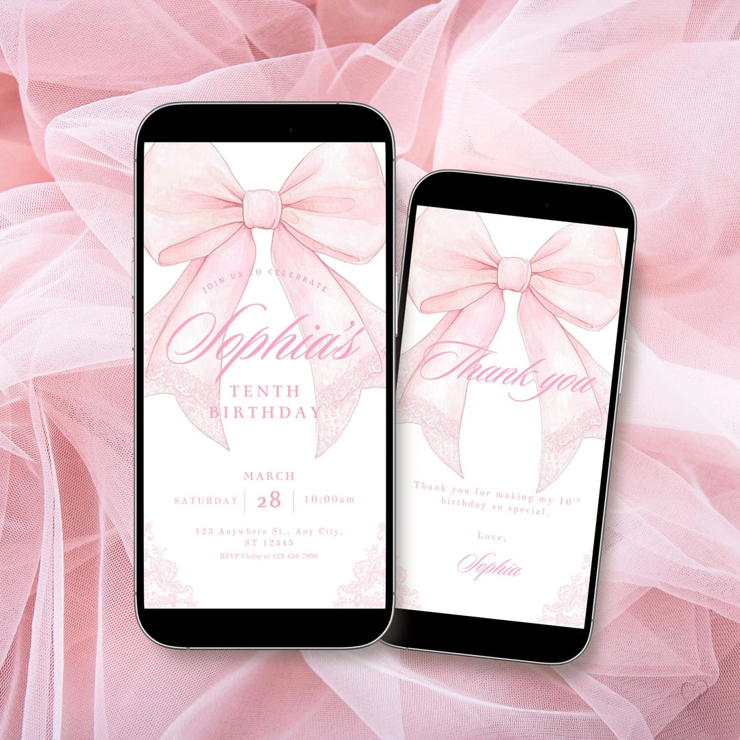 Pink Bow Birthday Mobile Invitation, Coquette Pink Girls Party Invite ...