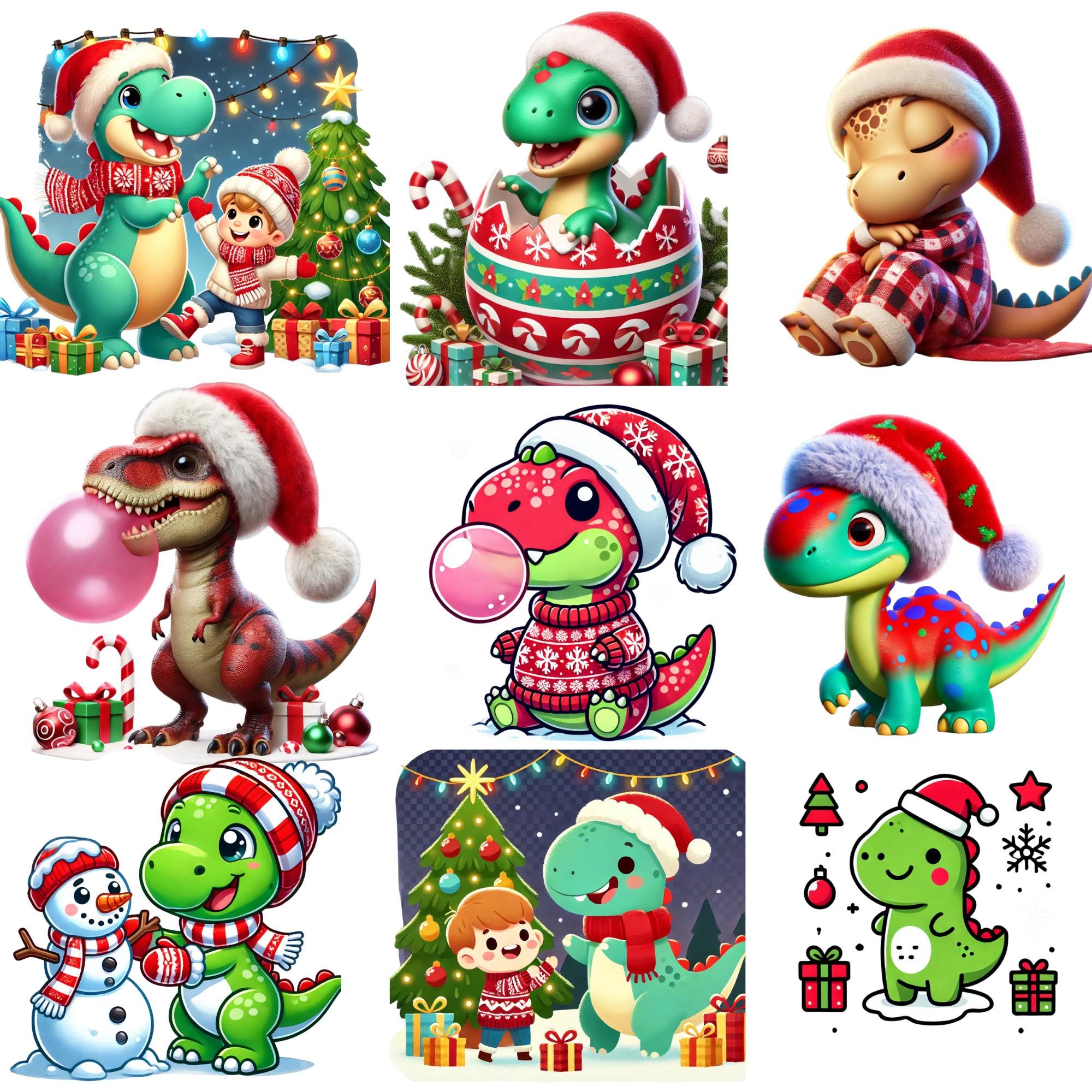 Christmas PNG Bundle | 9 Santa Cliparts | Kawaii Xmas Dinosaurs for T ...