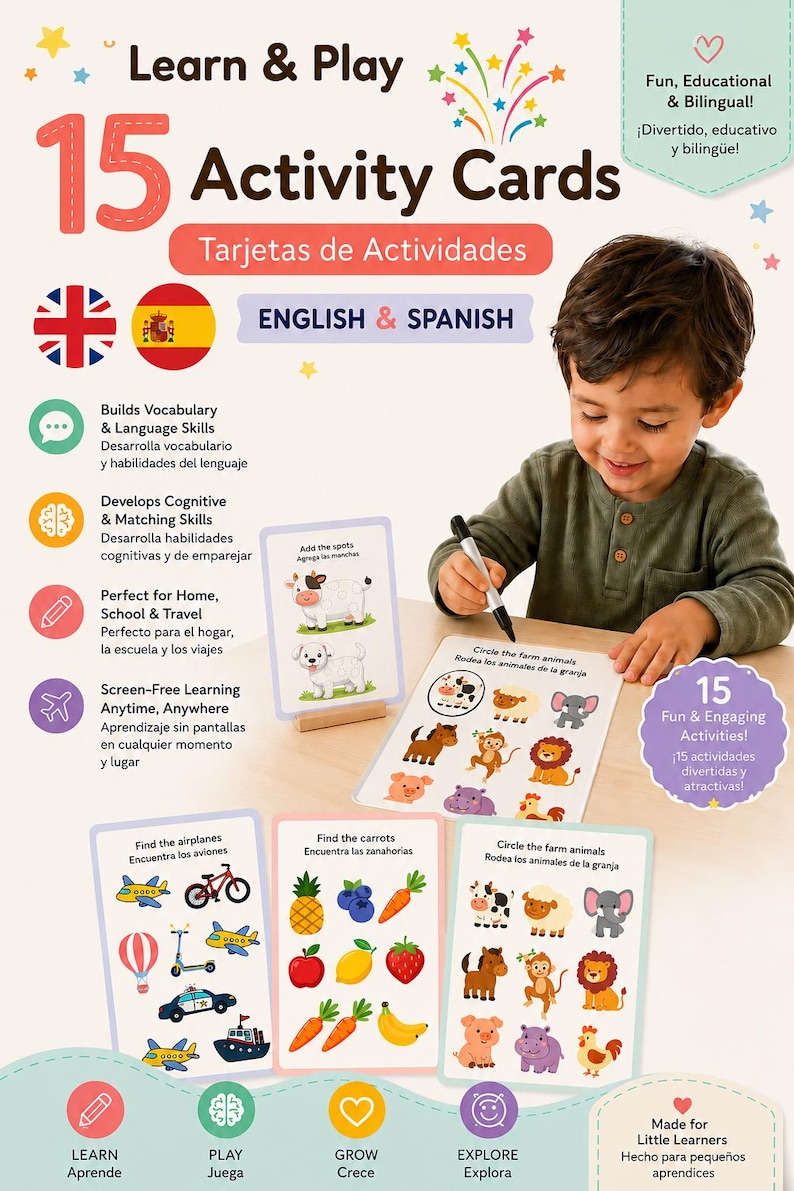 Bilingual Activity Cards for Toddlers | English Spanish Learning Cards ...