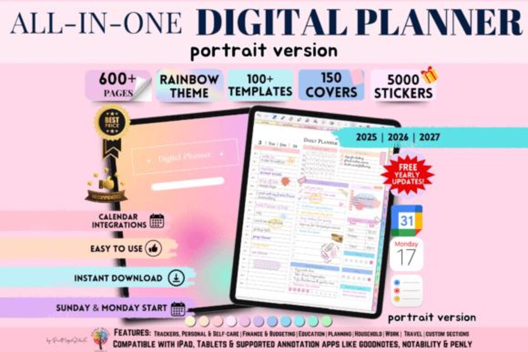 All in One Rainbow Digital Planner, Hyperlink Goodnotes Planner, Daily ...