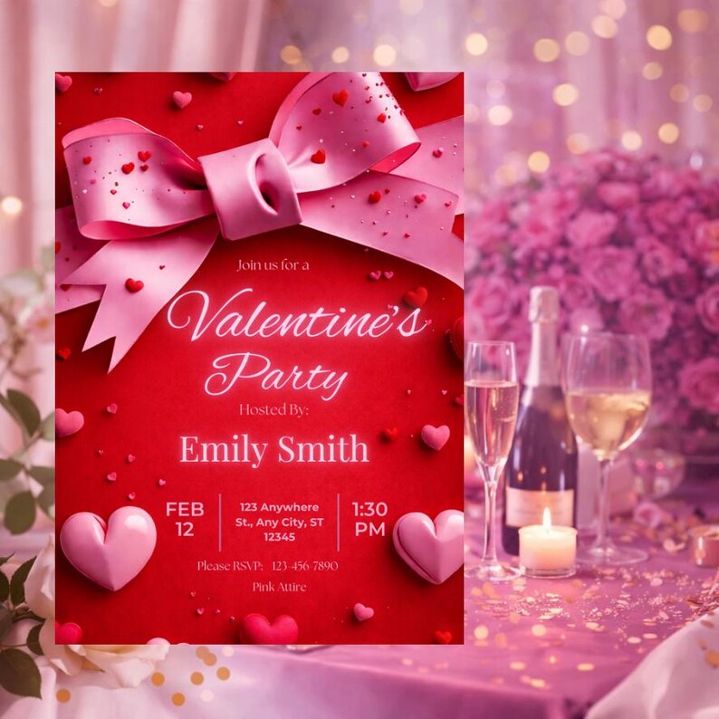 Red Pink Hearts and Bows Valentine's Party Invitation, Editable Canva ...