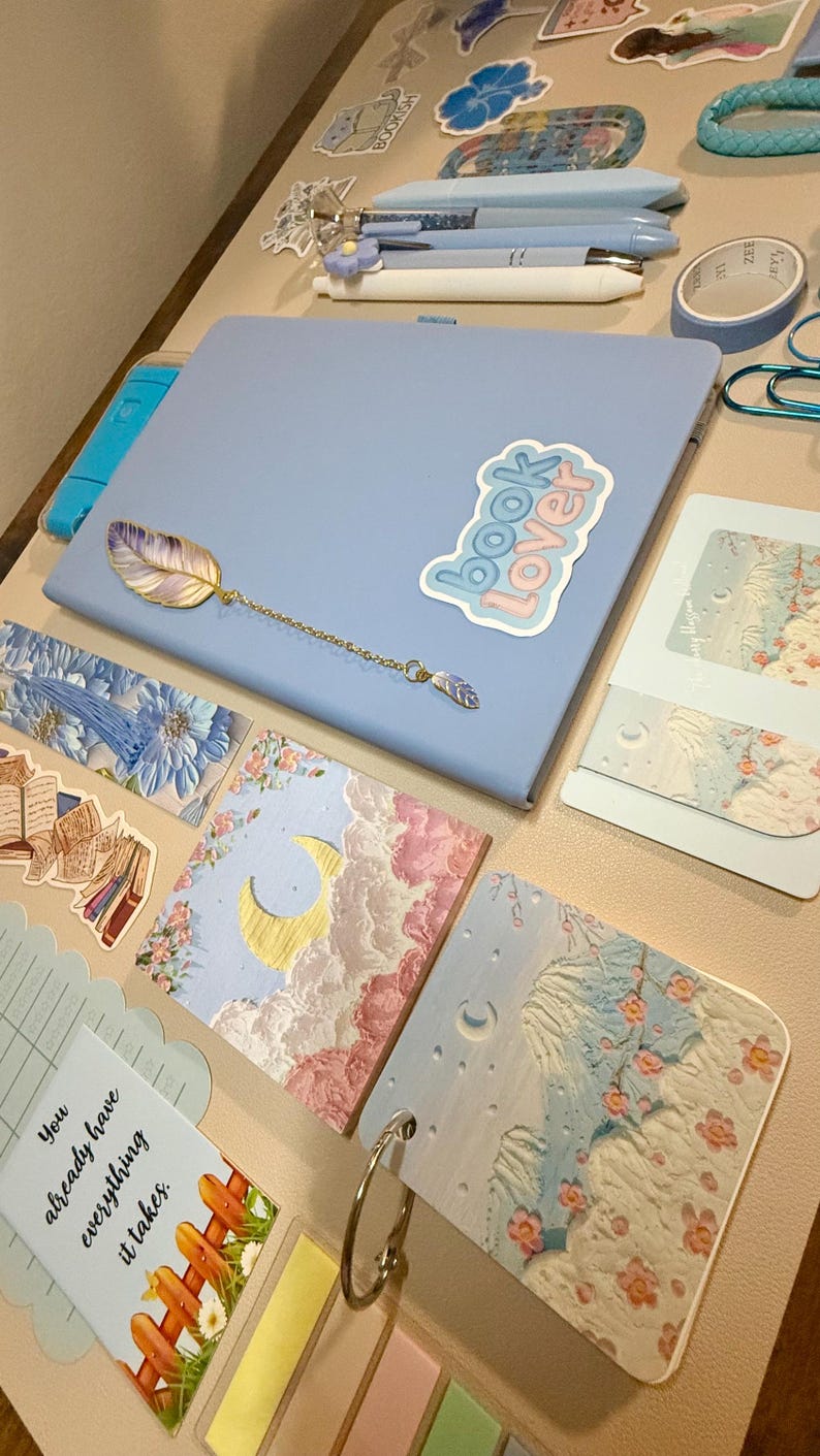 Pastel Blue Bookish Backpack Set | Journal, Stationery, Reading Light ...