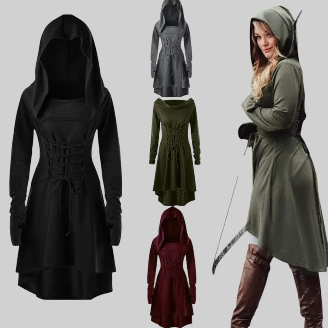 Medieval Renaissance Archer Cosplay Costume – Women Hooded Robe Lace-up ...