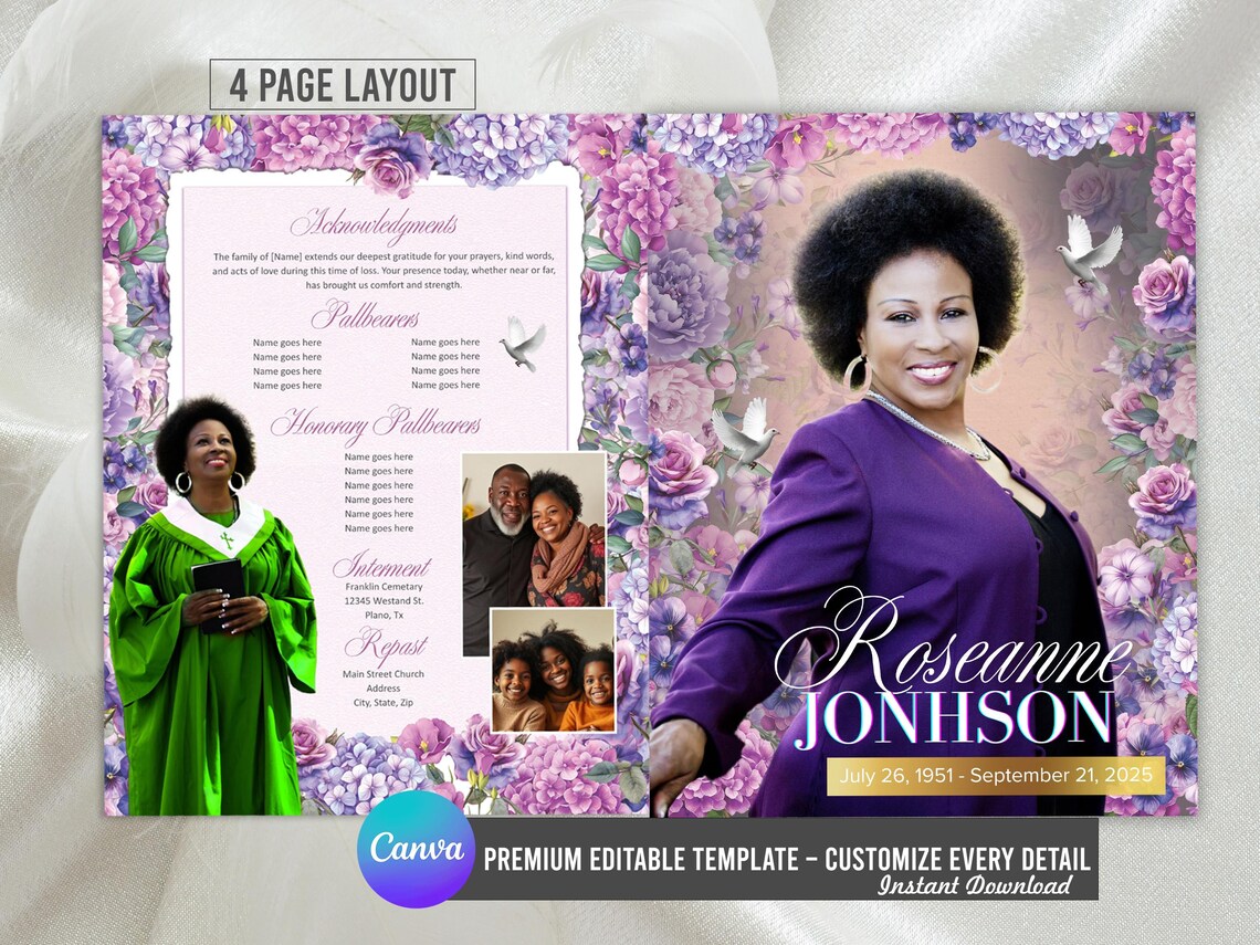 Funeral Program Template Canva | Memorial Service Program | Obituary ...