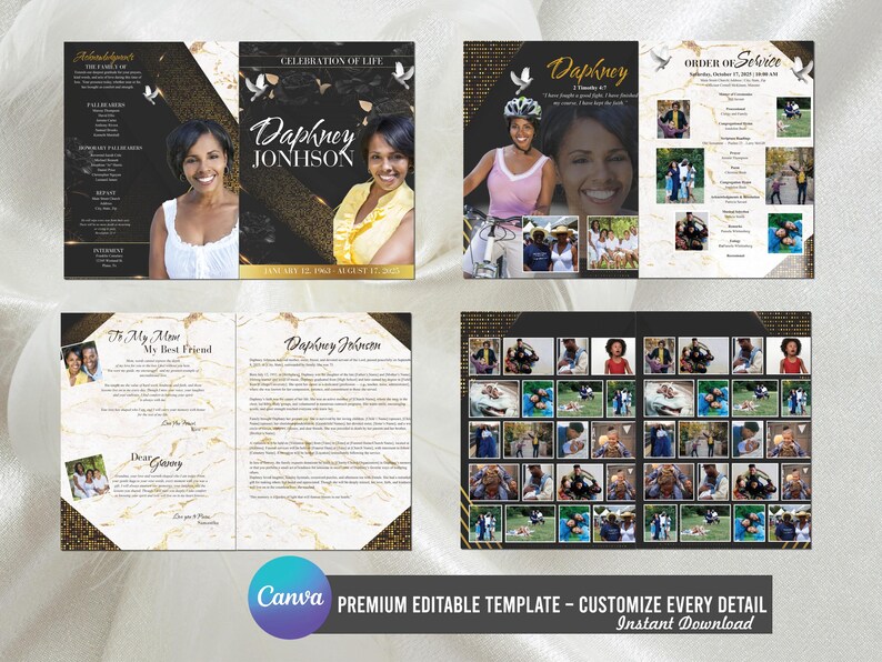 Black and Gold Funeral Program Template Canva | Memorial Service ...