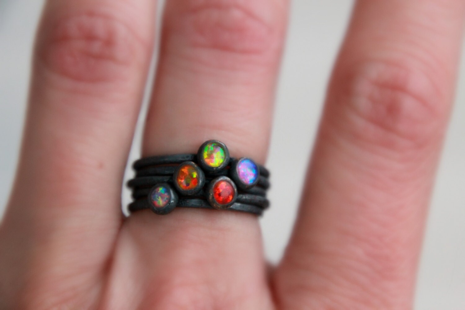 OXIDIZED OPAL RING - Opal Stacking Ring ~ Opal Ring - Sterling Opal Ring - Gemstone Ring - Black ...