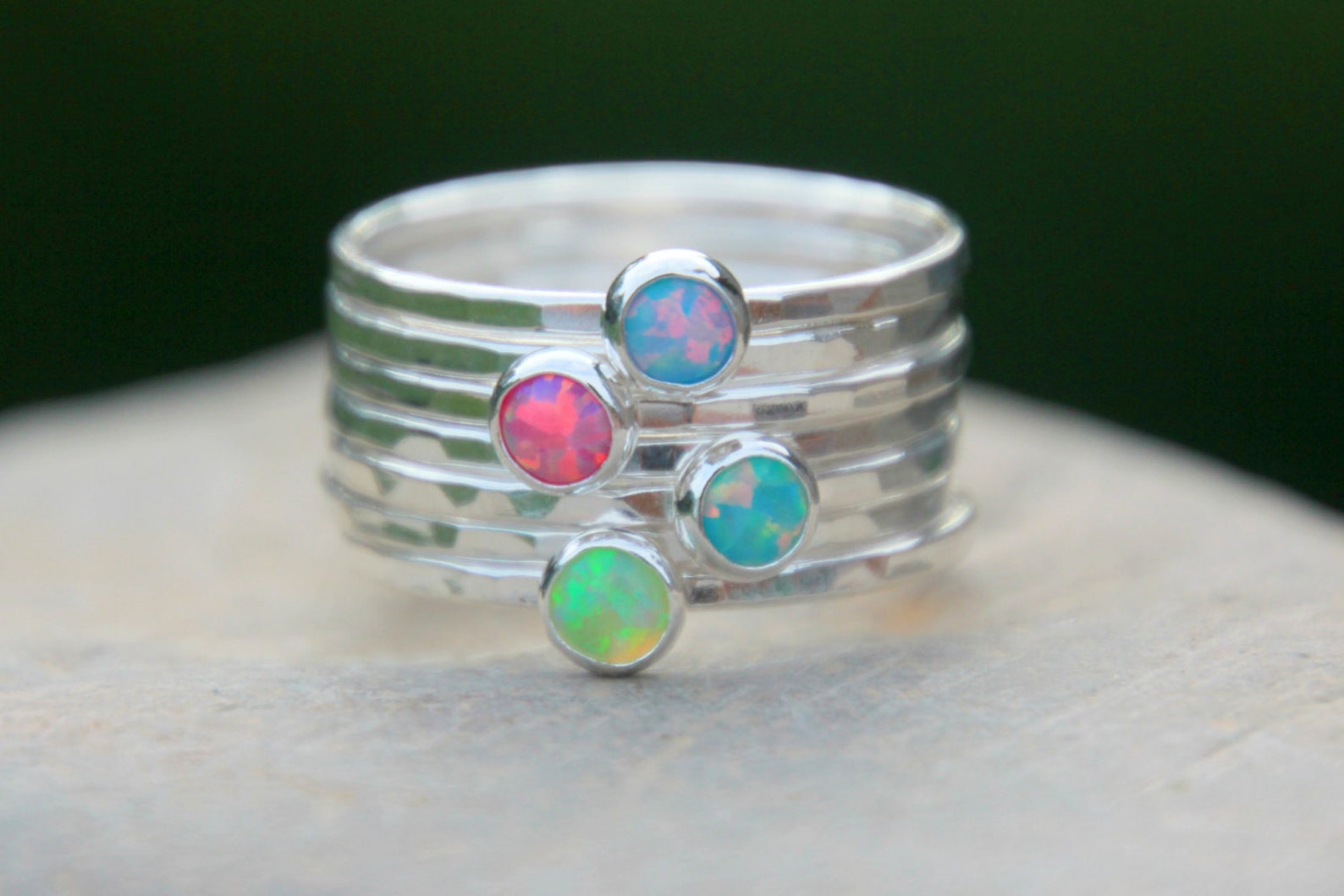 7 OPAL RING SET - Opal Stacking Ring ~ Opal Ring - Sterling Silver Opal ...