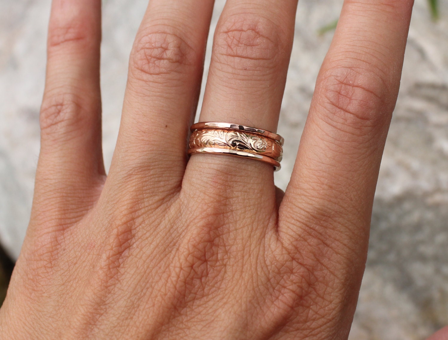 14K Gold Flower Pattern Band Floral Stack Ring Floral Ring - Etsy