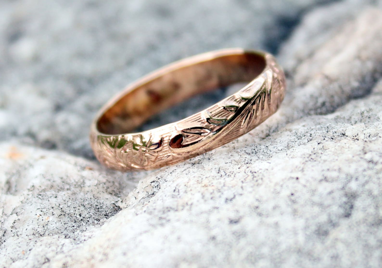 14K Gold Flower Pattern Band - Floral Stack Ring - Floral Ring - Gold ...