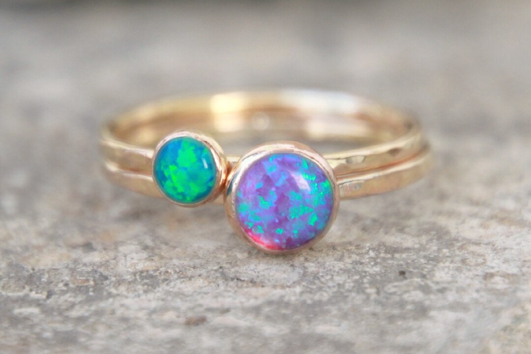 GOLD OPAL RING Set - 4mm and 6mm Opal Ring -opal Stacking Ring - Skinny ...