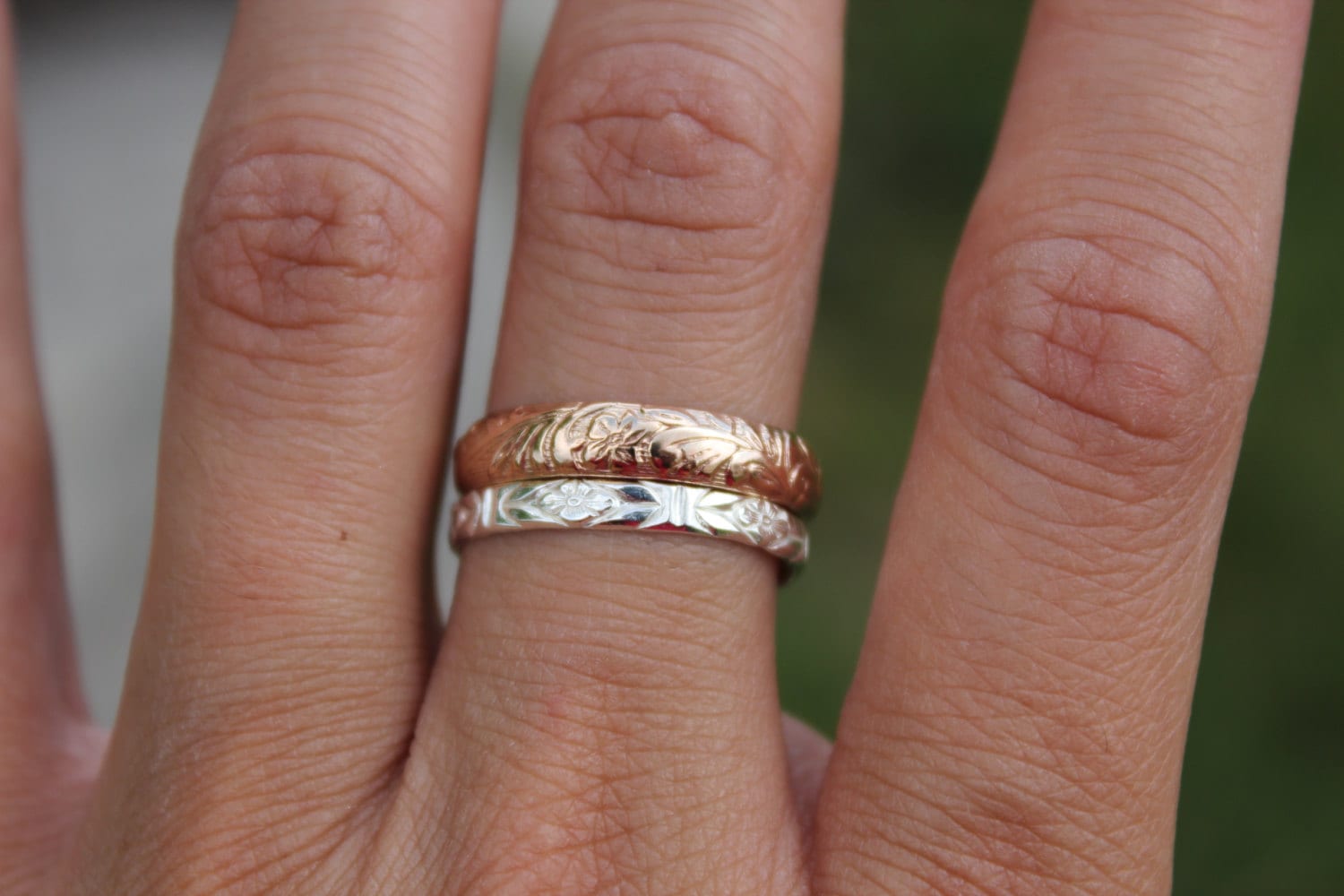 14K Gold Flower Pattern Band Floral Stack Ring Floral Ring - Etsy